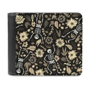 donnapink vintage halloween dancing skeletons sugar skull flowers on black soft pu leather bifold wallet, coin purse credit pass case, durable card-holder slim billfold for men woman money storage