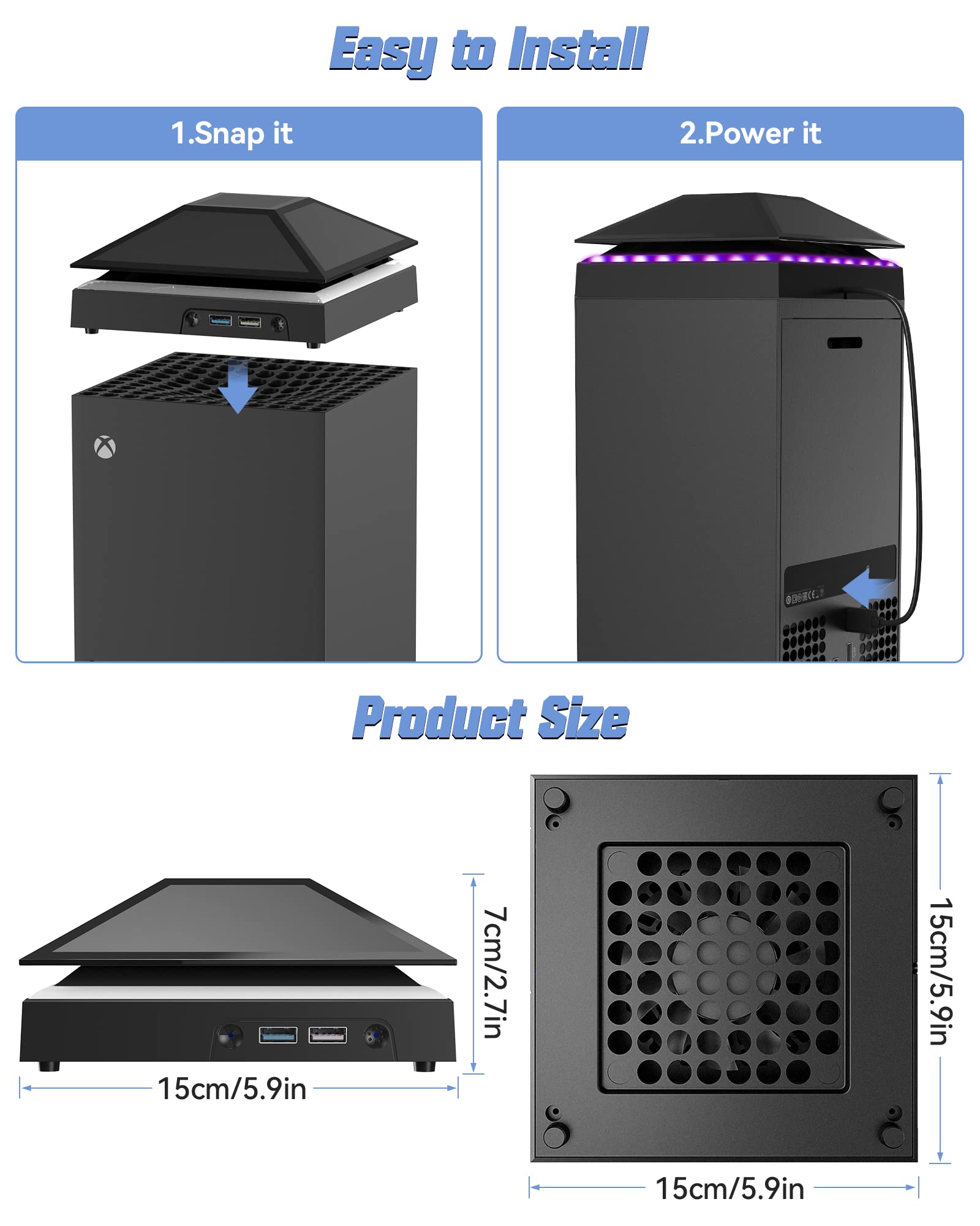 Wiilkac Cooling Fan for Xbox Series X with RGB Light Strip, 3 Levels Adjustable Speed Cooler Fan System 1800/2000/2200 RPM, Low Noise Top Fan with Extra 2 USB Port & Touch Switch