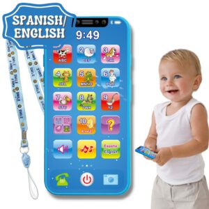 zeenkind baby phone toy english & spanish learning for toddlers 1 2 3 years old, learn spanish abc numbers animal sounds, interactive bilingual cellphone toy for kids, juguetes educativos, blue