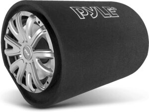 pyle 12-inch carpeted subwoofer tube speaker - 500 watt high powered car audio sound component speaker enclosure system with 2” aluminum voice coil, 4 ohm, rear vented design - pltb121