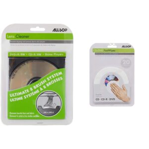 allsop cd laser-lens cleaner & cd and dvd fastwipes, lint-free wipes for cleaning dvd, cd, ps1, ps2, xbox & xbox 360 discs