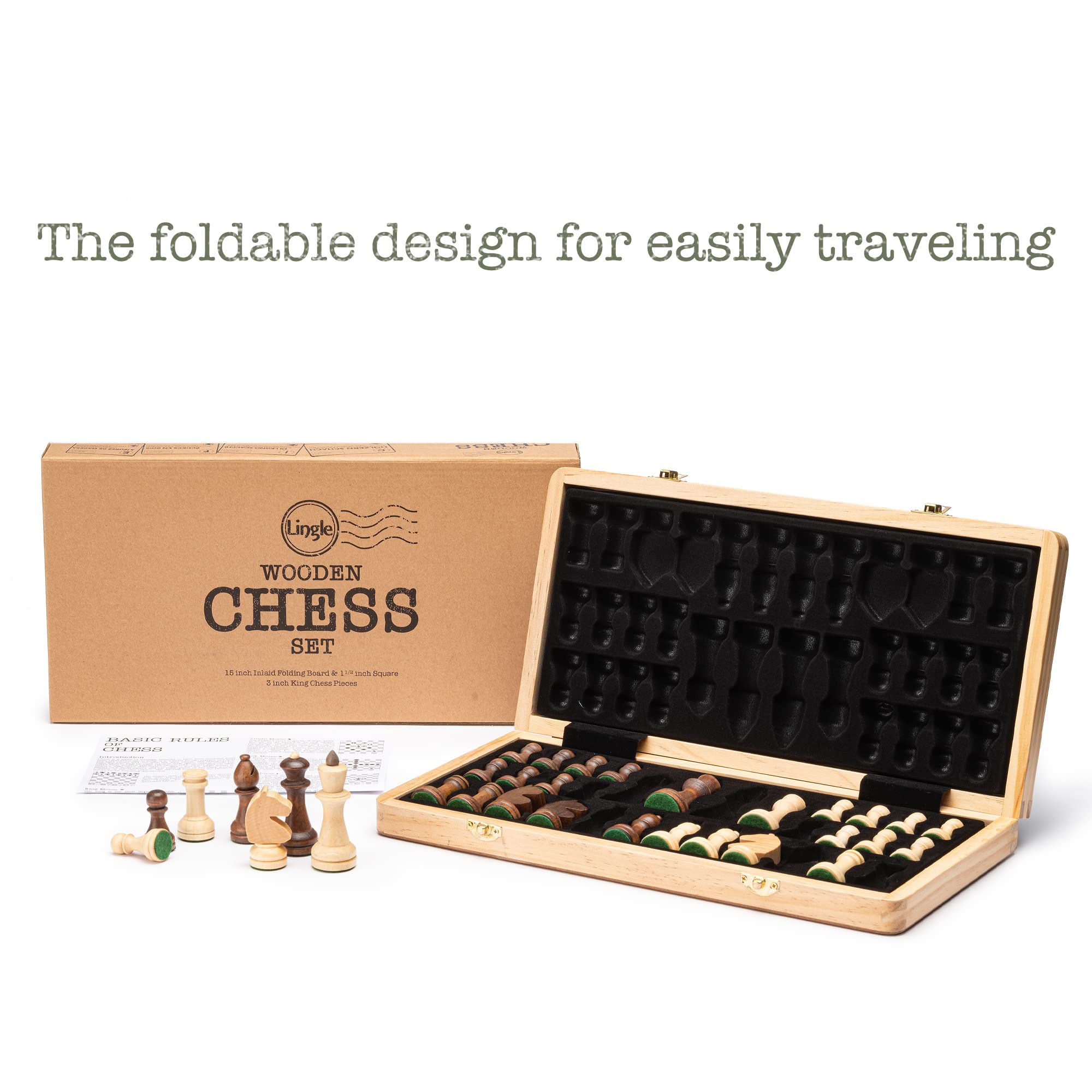 Lingle 15 Inch Travel Wooden Folding Chess Set w/ 3 Inch Kh Chess Pieces- Walnut & Maple Inlay Board Games