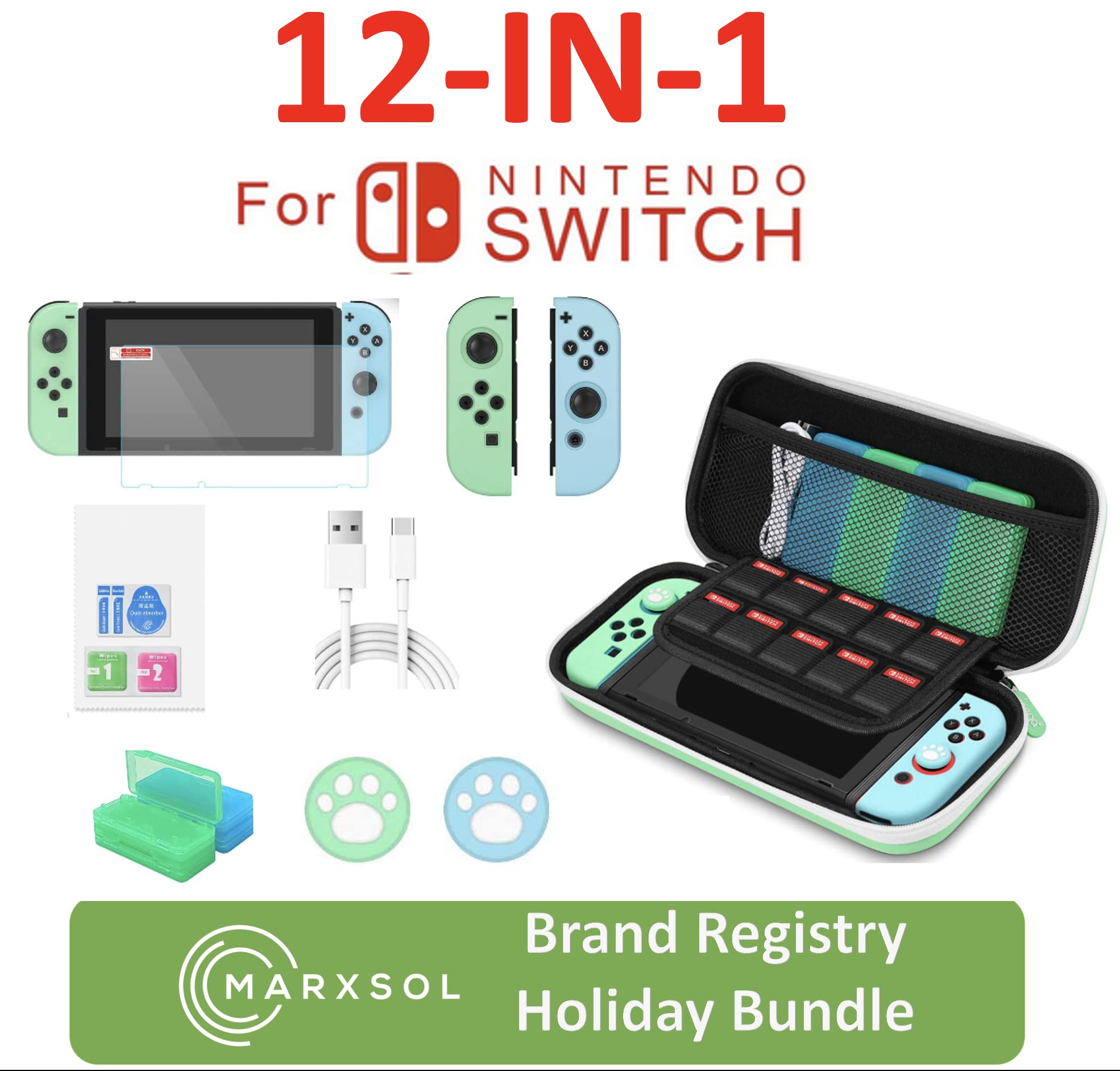 Nintendo Newest Switch 32GB Console with Neon Blue and Neon Red Joy-Con, 6.2" Touchscreen 1280x720 LCD Display, 802.11AC WiFi, Bluetooth 4.1 + MarXsol_12-in-1 Accessories Holiday Bundle