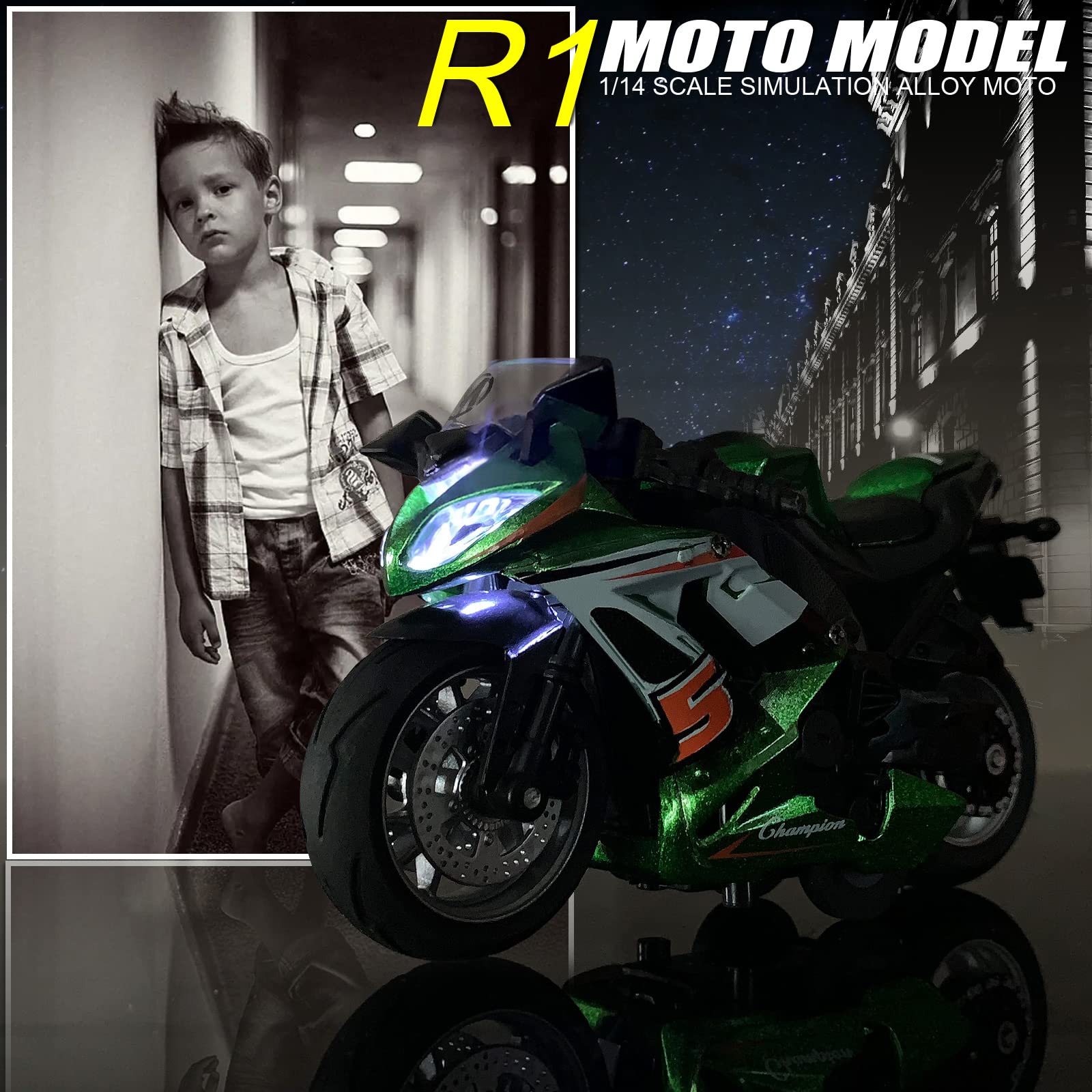 Toy Motorcycles, Diecast Motorcycle Toy with Music Lighting,Toy Motorcycle for Kids 3-5,Toy Motorcycles for Boys (Green)