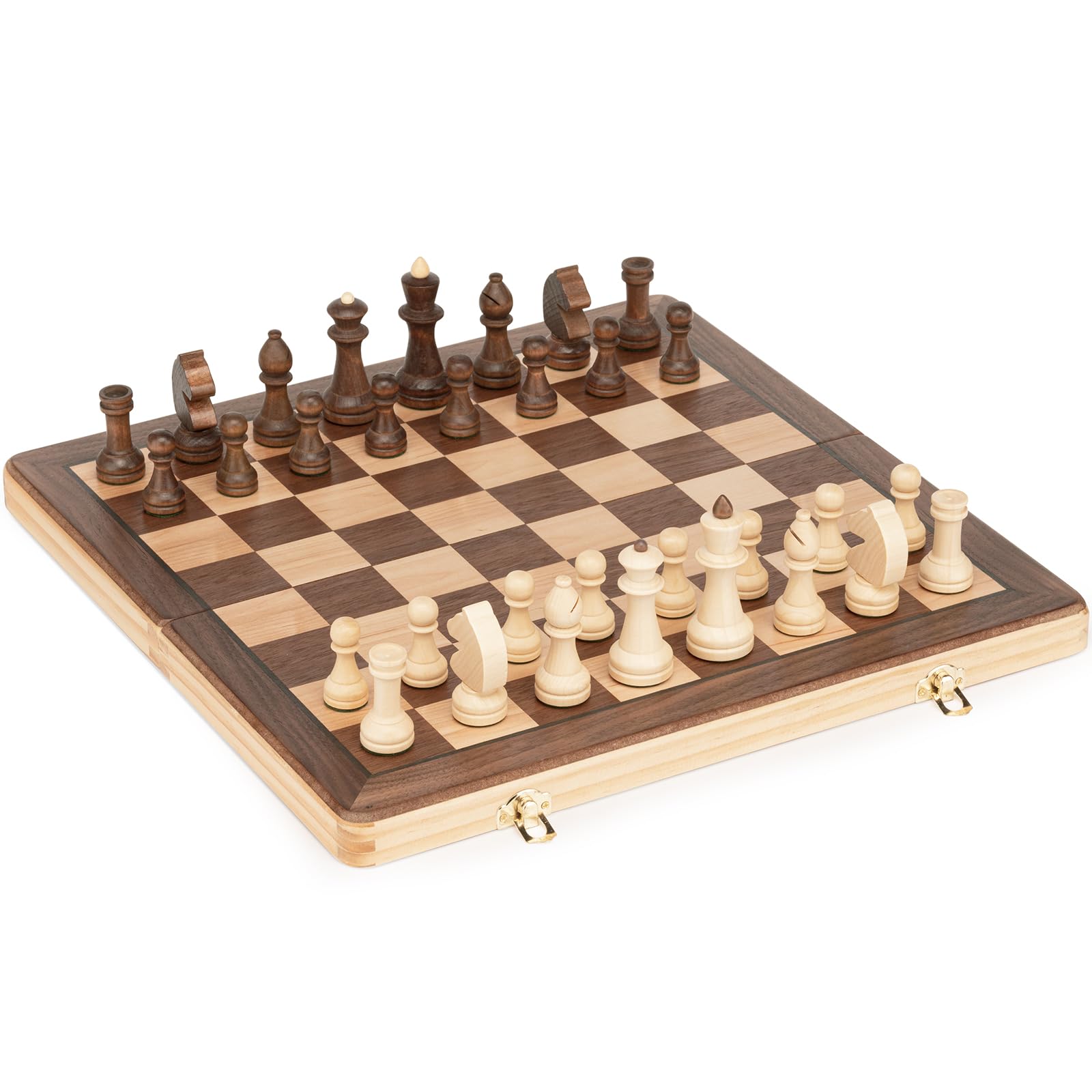 Lingle 15 Inch Travel Wooden Folding Chess Set w/ 3 Inch Kh Chess Pieces- Walnut & Maple Inlay Board Games