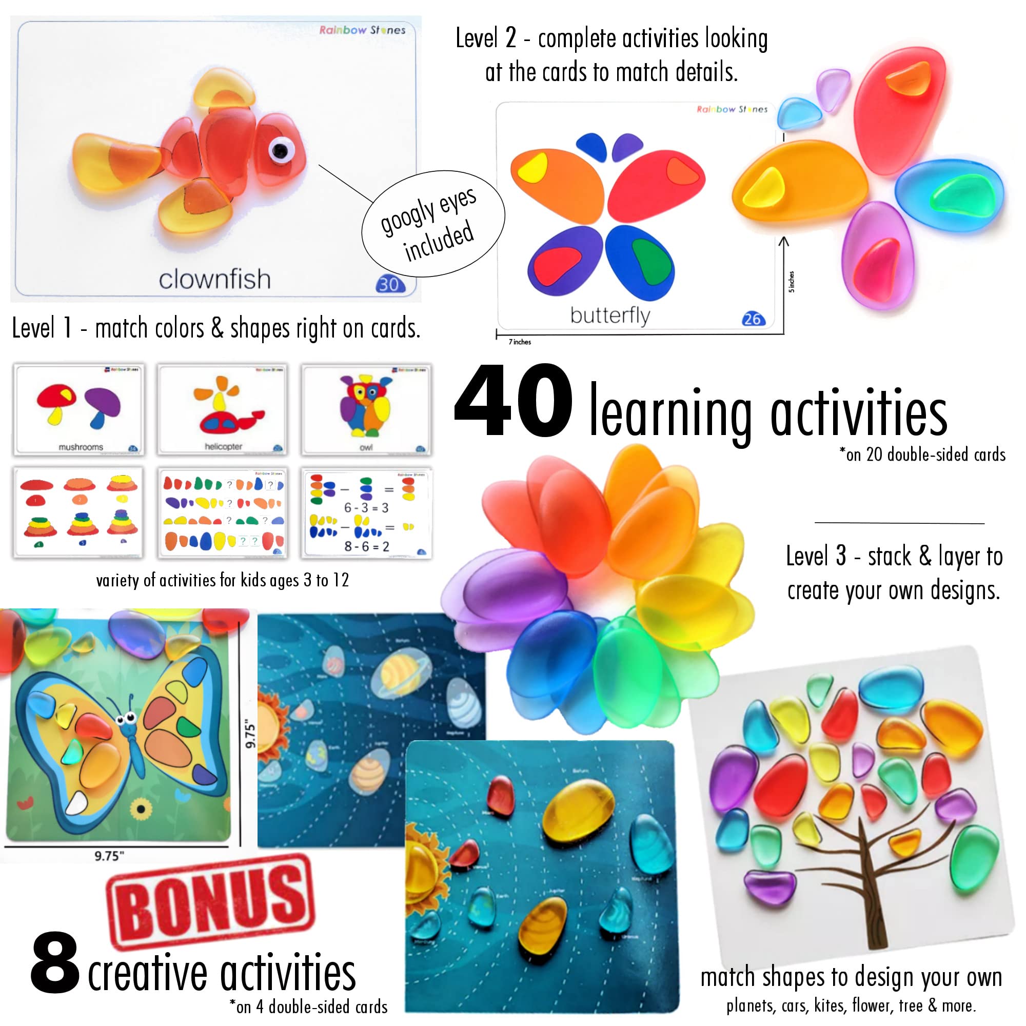 Acorn to Oak Rainbow Stones, 72 Stones 40+ Activities, Learning & Education Toys, Classroom Must Haves, Math manipulatives, Light Table manipulatives Educational Toys for Kids 5-7, Montessori Toys