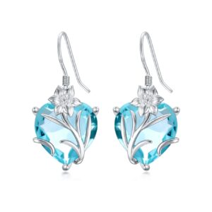 toupop march birth flower earrings 925 sterling silver daffodils floral dangle drop hooks earrings with heart aquamarine birthstone birthday birth moth flower jewelry gifts for women