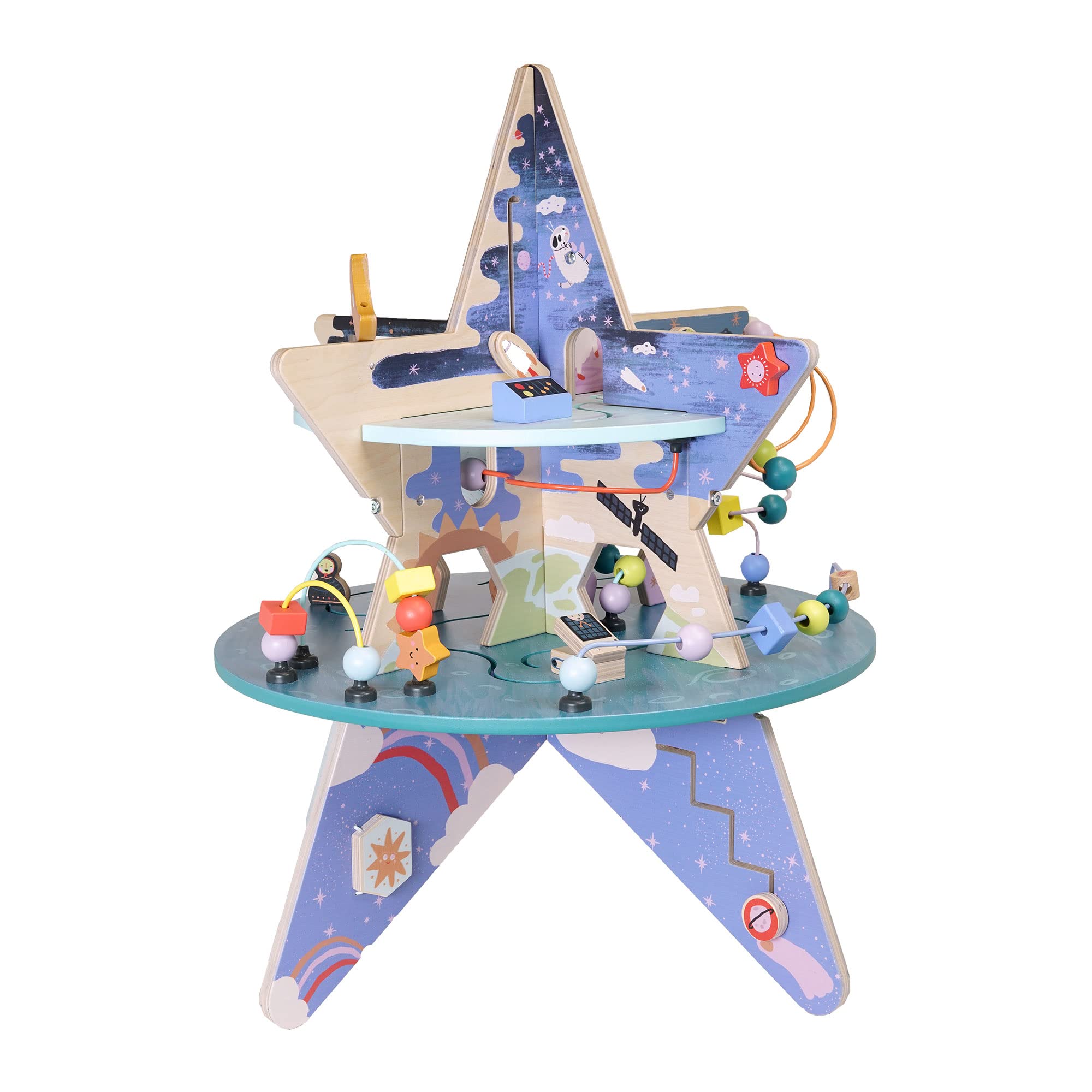 Manhattan Toy Double-Decker Celestial Star Explorer Wooden Activity Center with Shape Gliders, Spinners, Bead Runs and Alluring Artwork