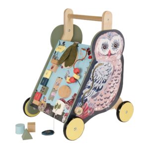 manhattan toy wildwoods owl wooden push cart with shape sorter and basket, serrated oval, spinners, bead run and more medium