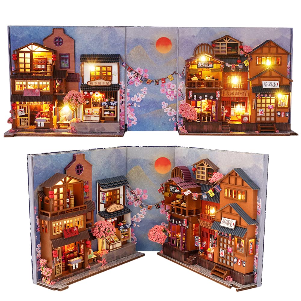 WYD Miniature Wooden Dollhouse Furniture Kit DIY 3D Puzzle Christmas Streetscape Building Model (Sakura Alley)