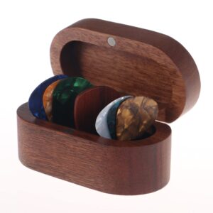 mylywoo sapele guitar pick holder set with 1 rosewood pick and 6 celluloid picks in 3 thicknesses, mini wooden jewelry organizers, wood color knick-knacks, 3.35×1.77×1.58 inches storages