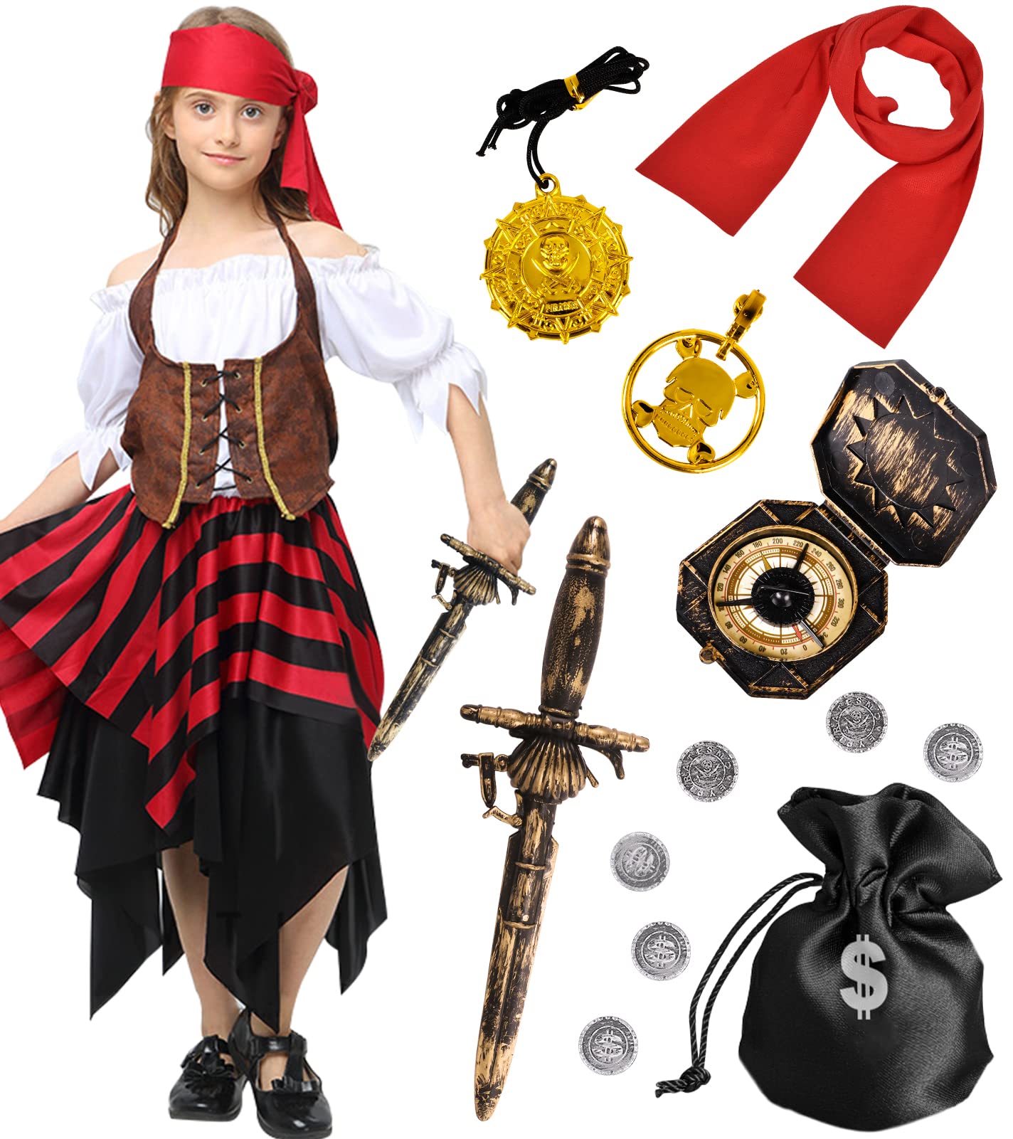 Latocos Pirate Costume for Kids Girls Pretend Role Play Dress Up Halloween Costumes Birthday Gift Ages 3-12 Years