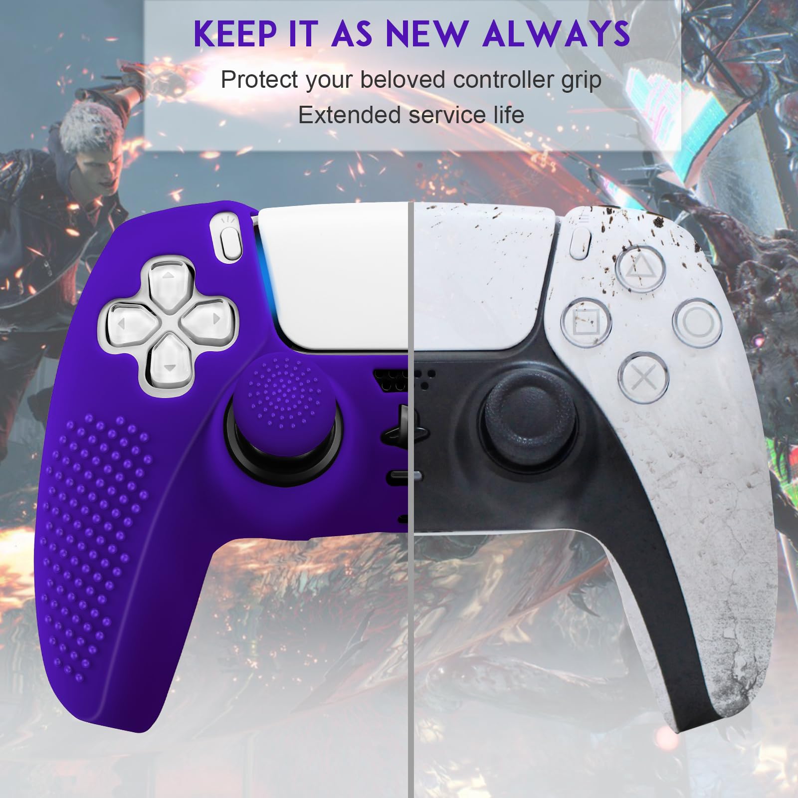 SIKEMAY [2 Pack] PS5 Controller Skin, Anti-Slip Thicken Silicone Protective Cover Case Perfectly Compatible with PlayStation 5 Dualsense Controller Grip with 8 x Thumb Grip Caps - Galactic Purple