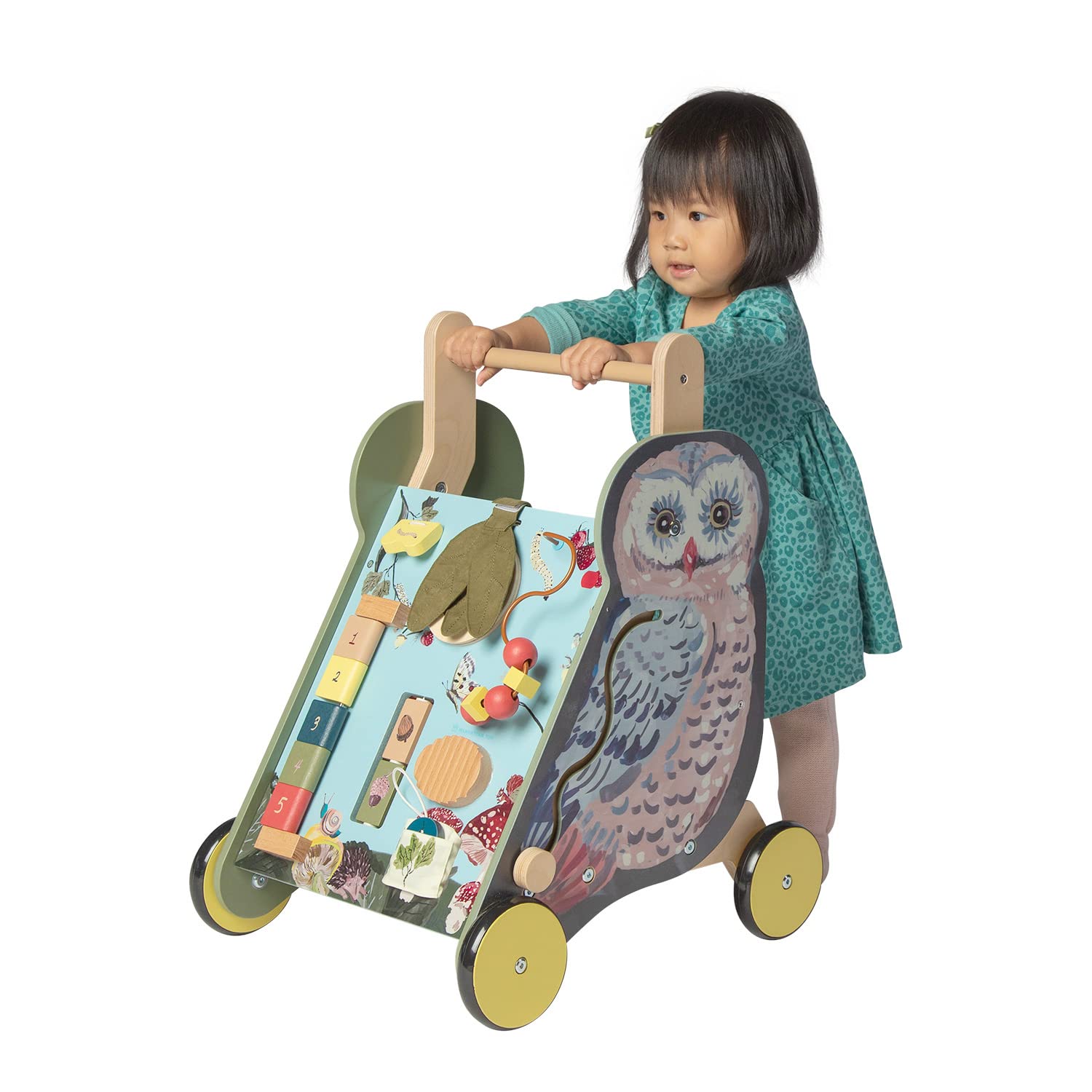 Manhattan Toy Wildwoods Owl Wooden Push Cart with Shape Sorter and Basket, Serrated Oval, Spinners, Bead Run and More Medium