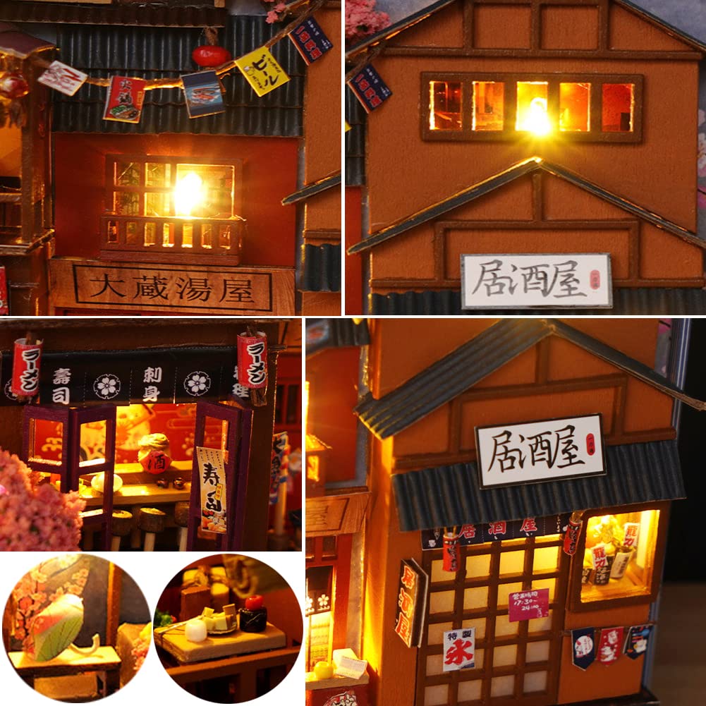 WYD Miniature Wooden Dollhouse Furniture Kit DIY 3D Puzzle Christmas Streetscape Building Model (Sakura Alley)