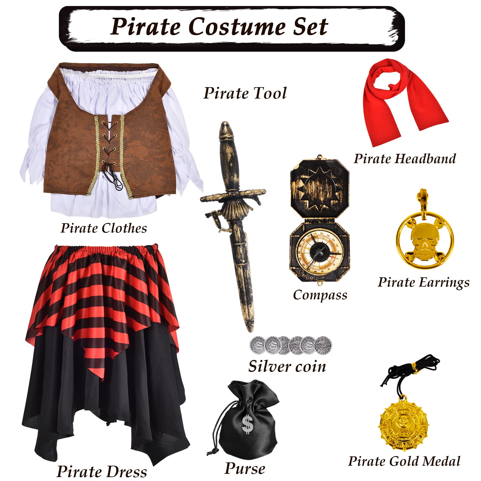 Latocos Pirate Costume for Kids Girls Pretend Role Play Dress Up Halloween Costumes Birthday Gift Ages 3-12 Years