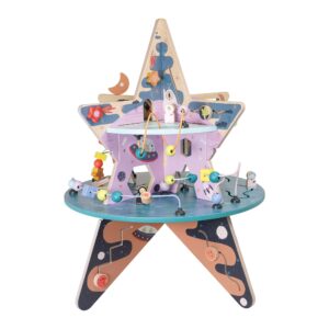 Manhattan Toy Double-Decker Celestial Star Explorer Wooden Activity Center with Shape Gliders, Spinners, Bead Runs and Alluring Artwork