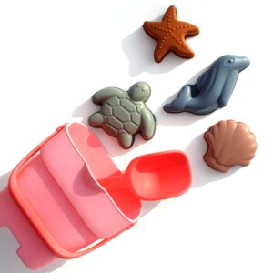 silicone beach toy for kids – travel friendly sand toy - building sand castles with collapsible sand bucket, rounded shovel and 4 sea creature sand molds for kids age 3+