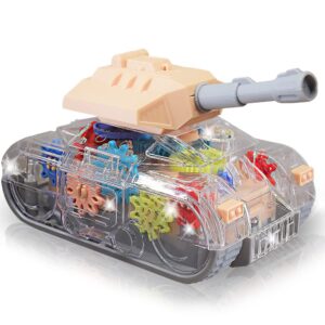 artcreativity light up transparent gear tank toy for kids, bump and go army toy tank with colorful moving gears, music, and leds, fun educational army tanks toys for boys, great toddler light up toy