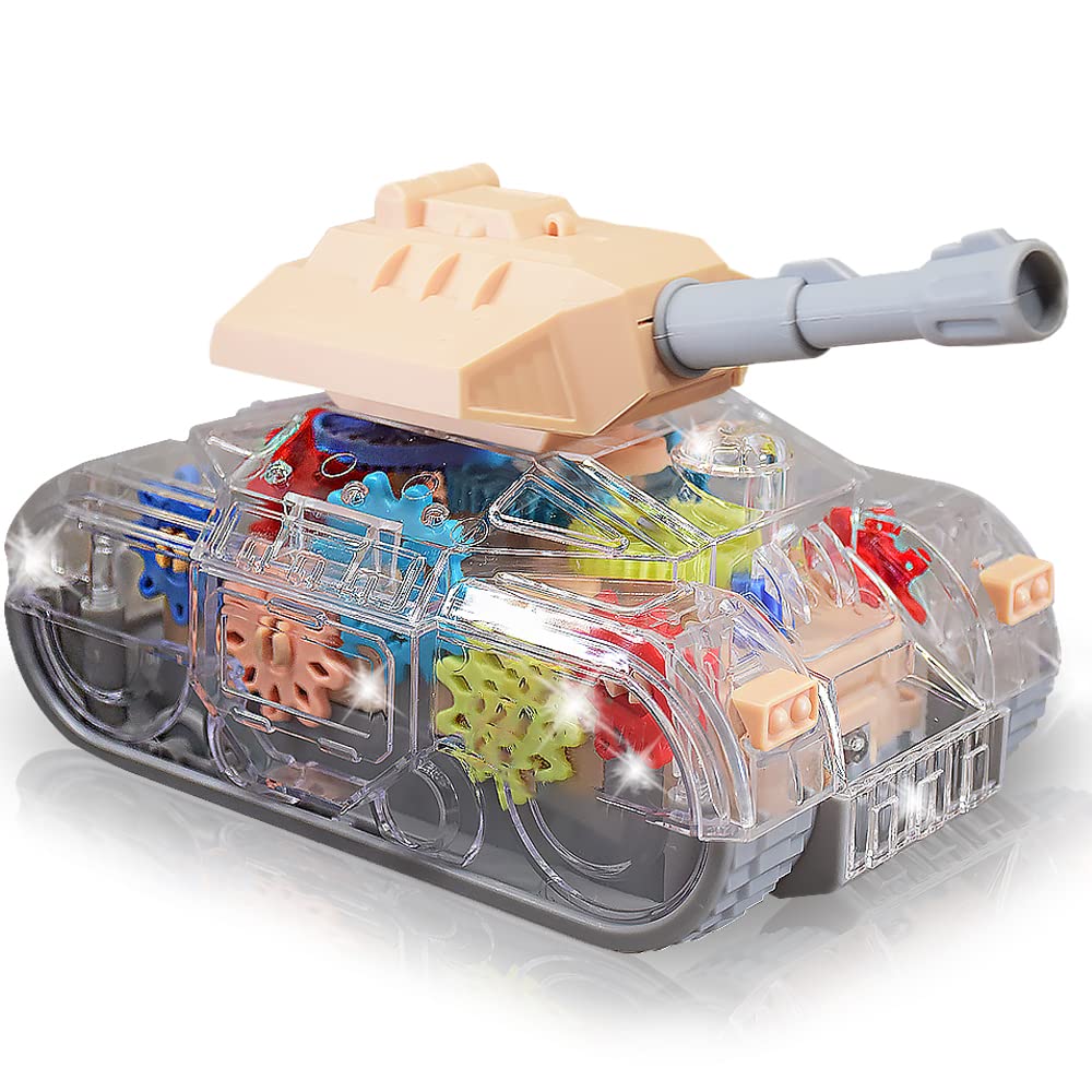 ArtCreativity Light Up Transparent Gear Tank Toy for Kids, Bump and Go Army Toy Tank with Colorful Moving Gears, Music, and LEDs, Fun Educational Army Tanks Toys for Boys, Great Toddler Light Up Toy