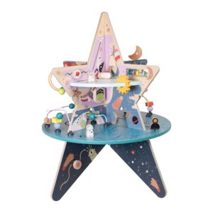 manhattan toy double-decker celestial star explorer wooden activity center with shape gliders, spinners, bead runs and alluring artwork