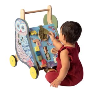 Manhattan Toy Wildwoods Owl Wooden Push Cart with Shape Sorter and Basket, Serrated Oval, Spinners, Bead Run and More Medium