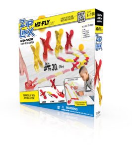 zip linx jumping domino action - hi-fly set | chain reaction game - create unlimited designs | includes 22 ziplinx, 3 hi-fly balls, and 1 launcher key