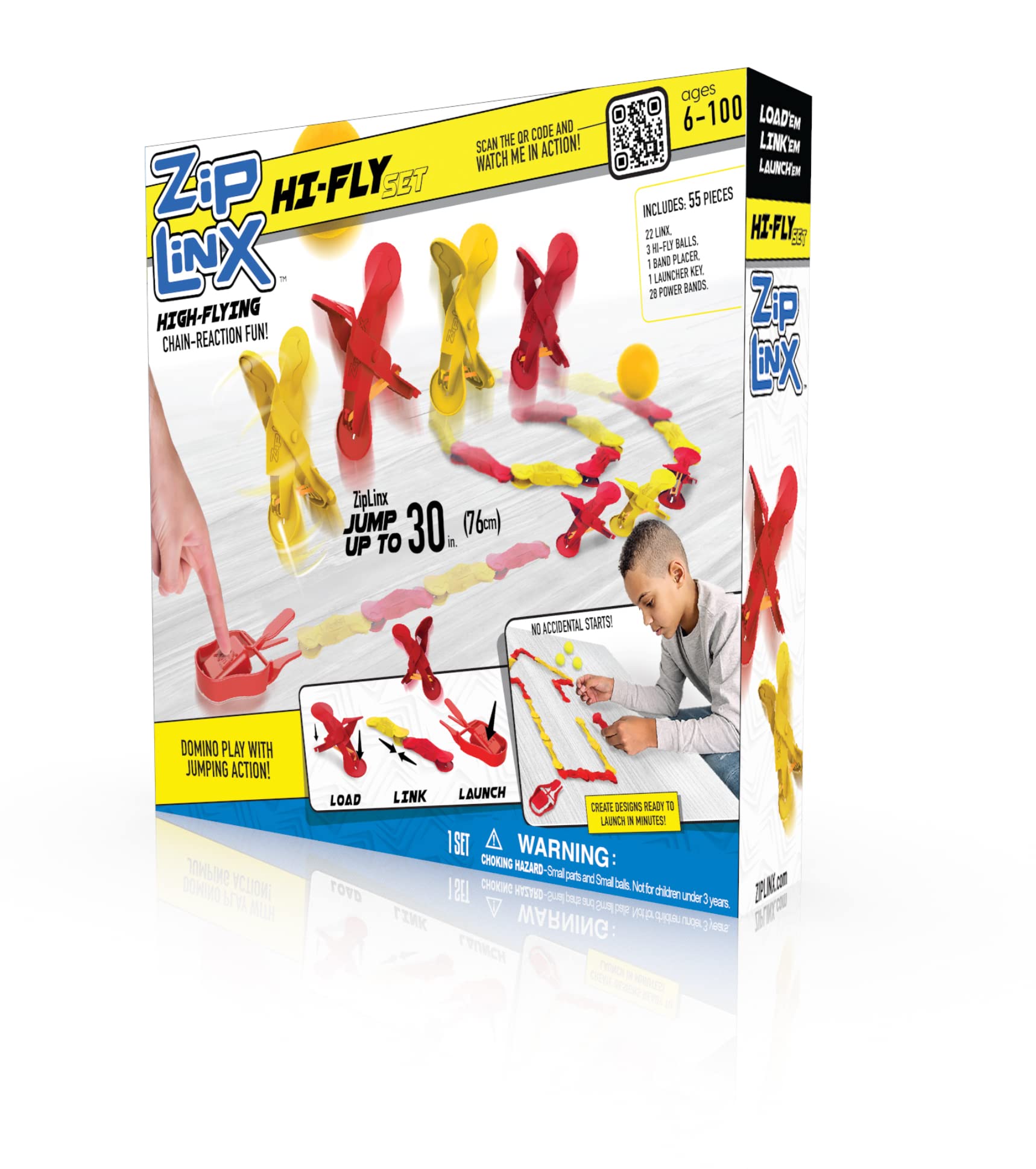 Zip Linx Jumping Domino Action - Hi-Fly Set | Chain Reaction Game - Create Unlimited Designs | Includes 22 ZipLinx, 3 Hi-Fly Balls, and 1 Launcher Key