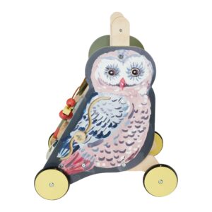 Manhattan Toy Wildwoods Owl Wooden Push Cart with Shape Sorter and Basket, Serrated Oval, Spinners, Bead Run and More Medium