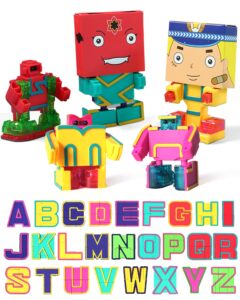 26 pieces alphabet shaped robots, alphabots, abc letter blocks for kids, alphabet robots toys transforming action figures with fun little box, preschool education montessori toy gifts for boys