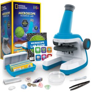 national geographic microscope for kids - science kit with an easy-to-use kids microscope, up to 400x zoom, blank and prepared slides, rock & mineral specimens, stem project toy (amazon exclusive)