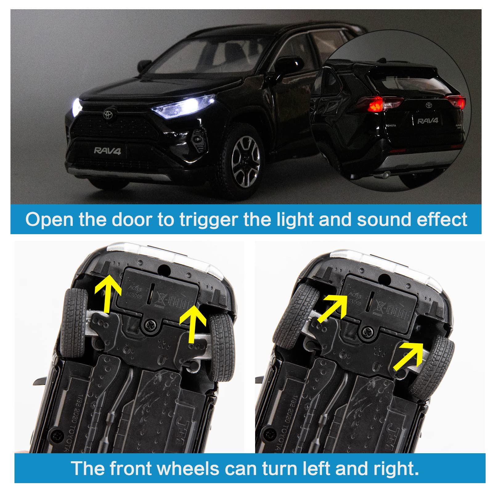 TGRCM-CZ Compatible for 1:32 Diecasting Alloy Toyota RAV4 Car Model Toy Car,Front Wheel Steering Car with Lights and Sound, Open Door for Kids Gift, Children Birthday Gift Black