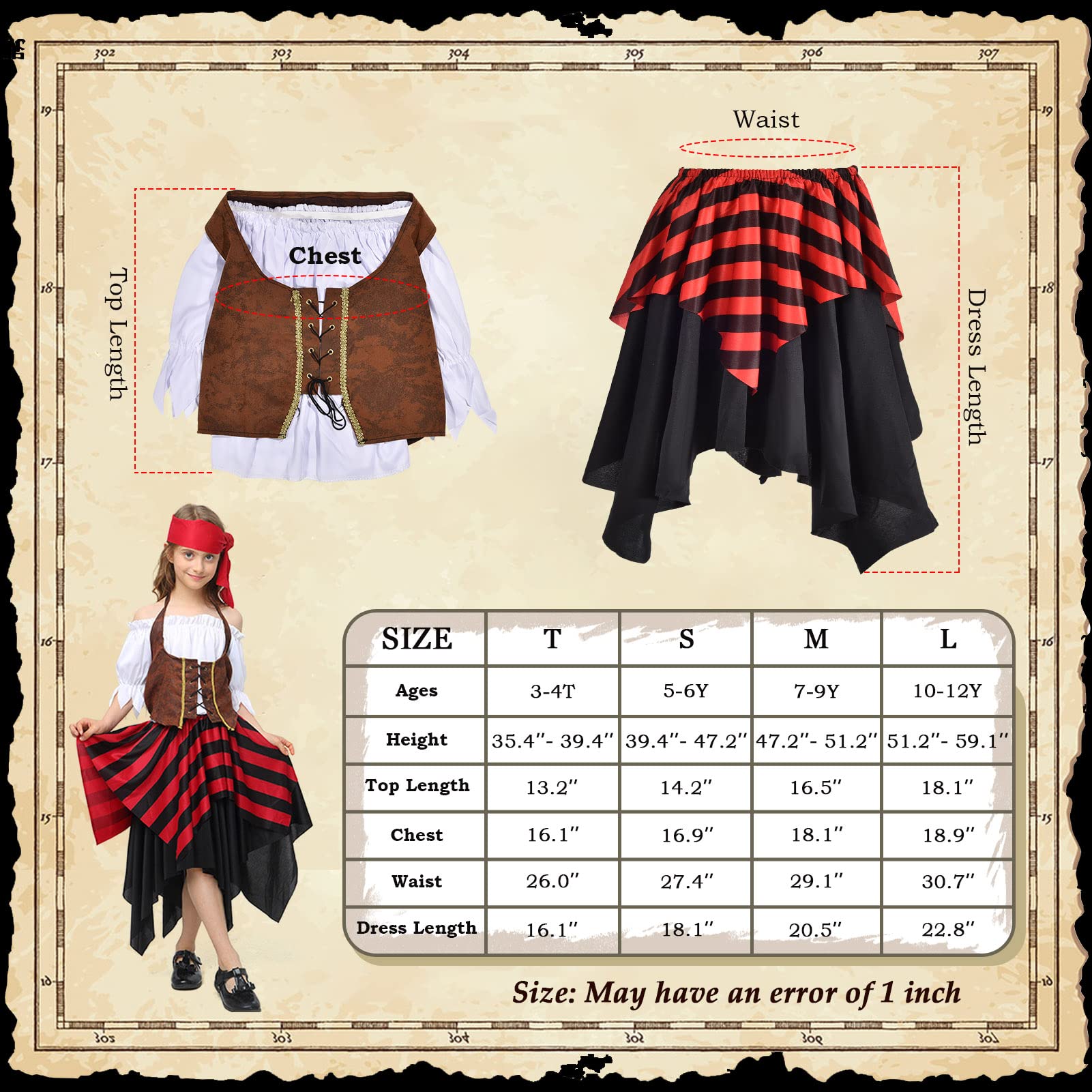 Latocos Pirate Costume for Kids Girls Pretend Role Play Dress Up Halloween Costumes Birthday Gift Ages 3-12 Years