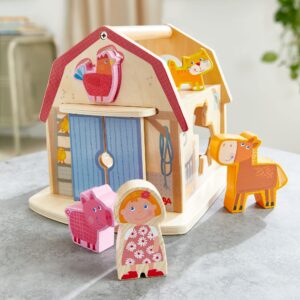 HABA Farmhouse Sorting Box Wooden Shape Sorter Toy with 6 Chunky Wood Farm Animals