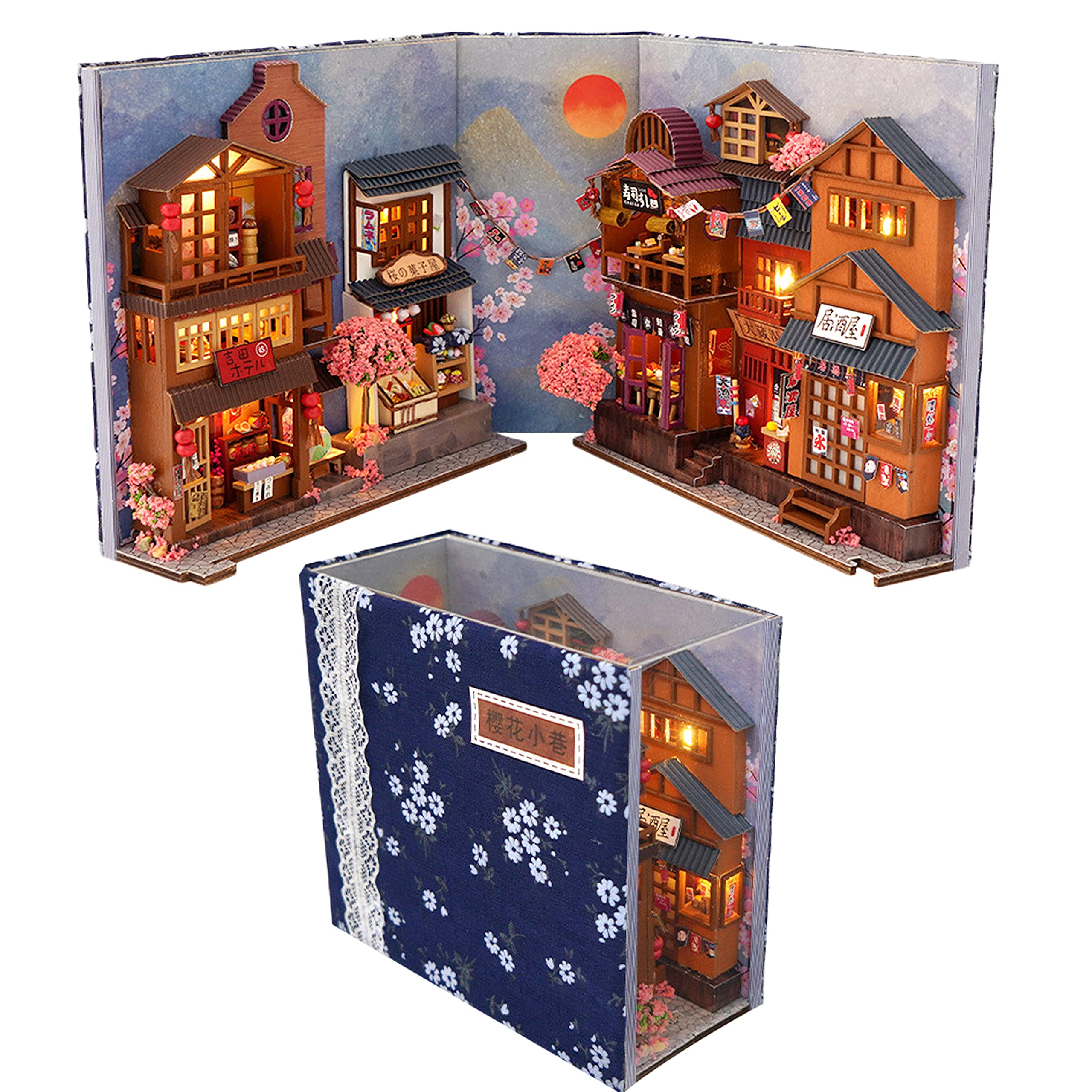 WYD Miniature Wooden Dollhouse Furniture Kit DIY 3D Puzzle Christmas Streetscape Building Model (Sakura Alley)