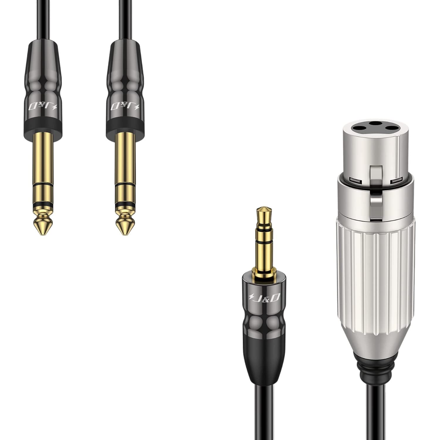 J&D 1/8 to XLR Cable and 1/4 inch TRS Cable Bundle, Gold Plated Copper Shell TRS Male 1/8 inch 3.5mm to XLR Female Balanced Audio Cable, 6.35mm 1/4 inch TRS Male to Male Stereo Instrument Cable