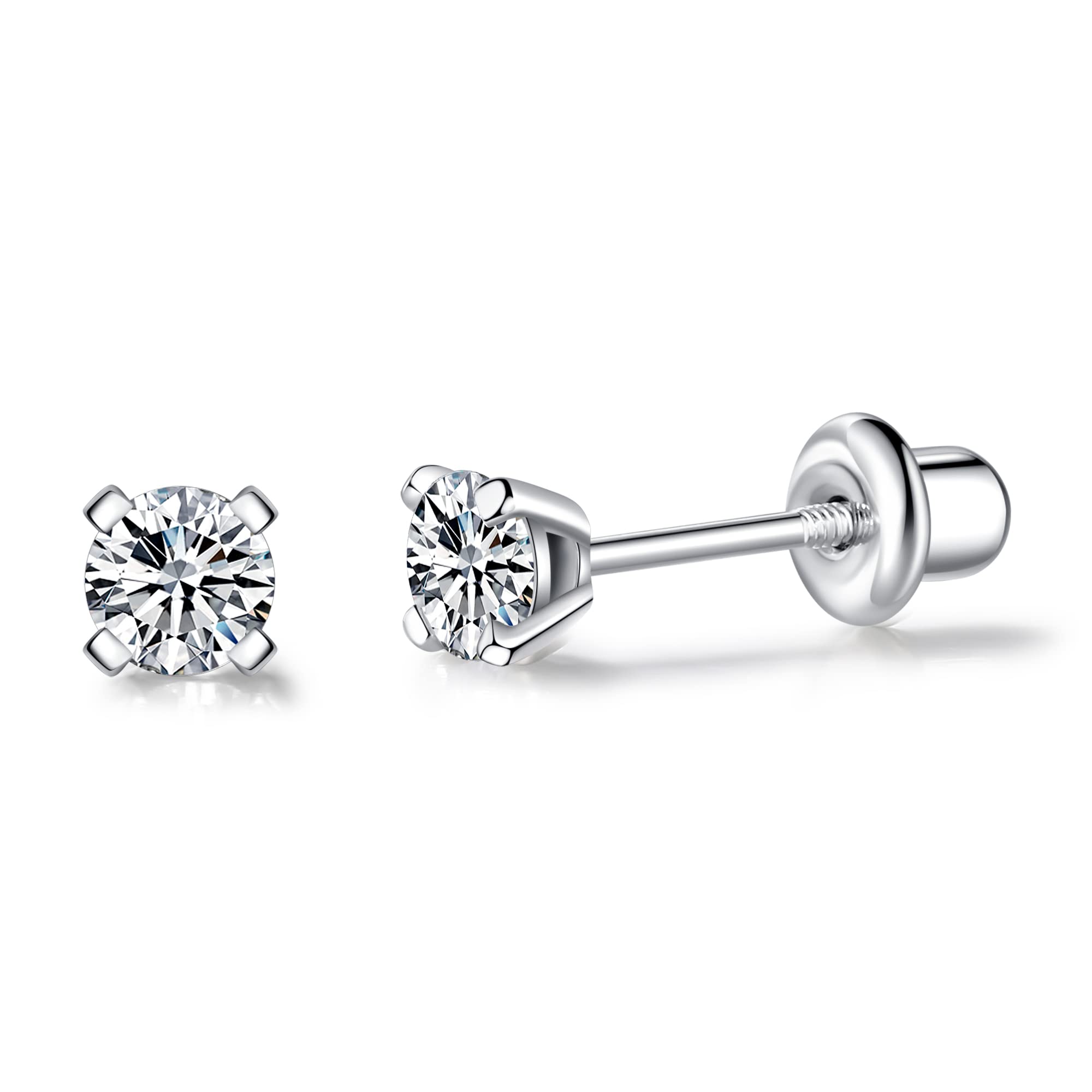 925 Sterling Silver Earrings Stud with Screwback Cubic Zirconia for Women Earring With Screw Backs CZ Hypoallergenic (CZ-White)