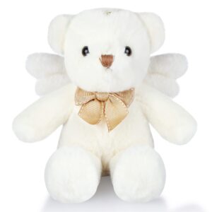 hydren angel bear plush stuffed animal with wings white bear dolls for boys girls birthday gift (ribbon bow, 10 inch)