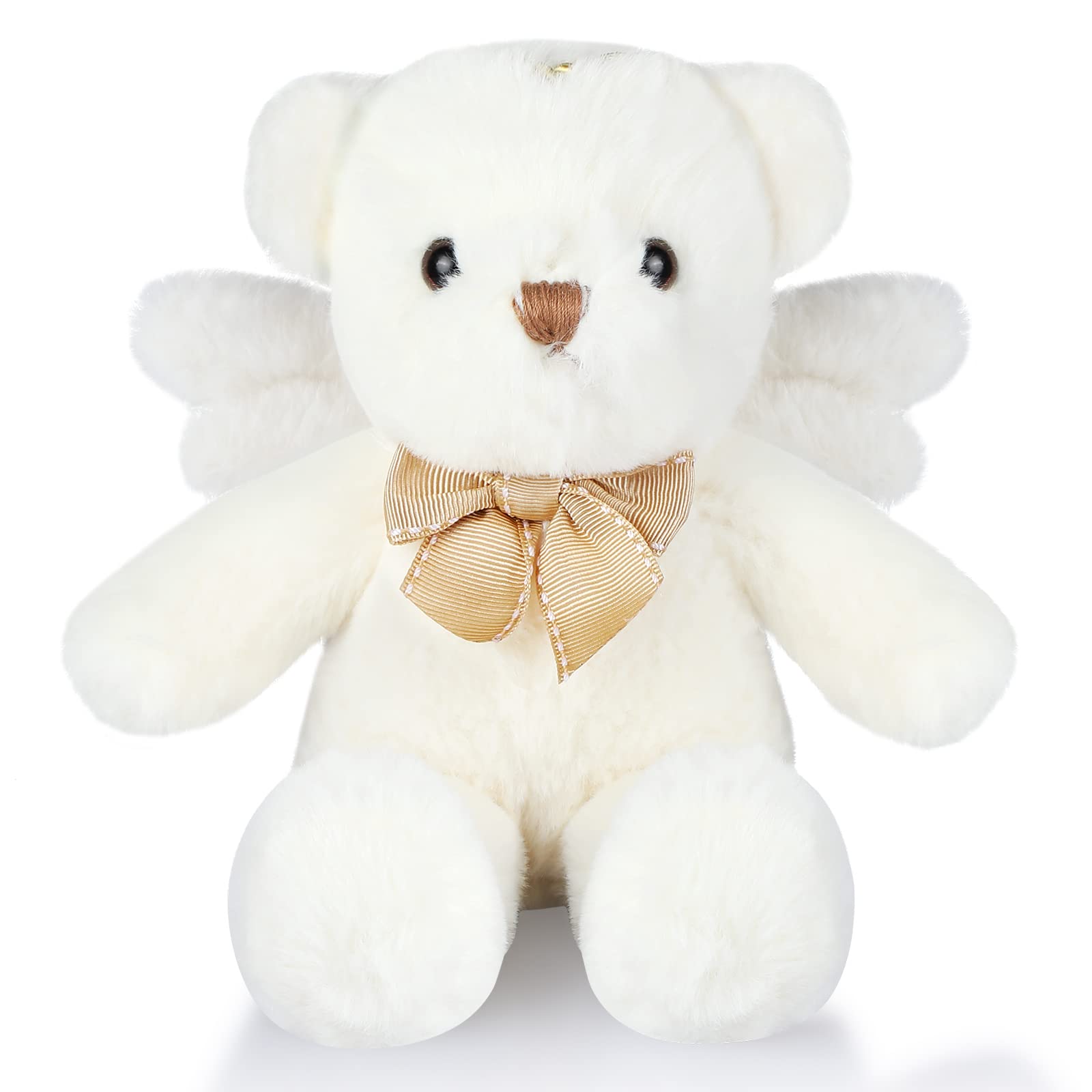 HyDren Angel Bear Plush Stuffed Animal with Wings White Bear Dolls for Boys Girls Birthday Gift (Ribbon Bow, 10 Inch)