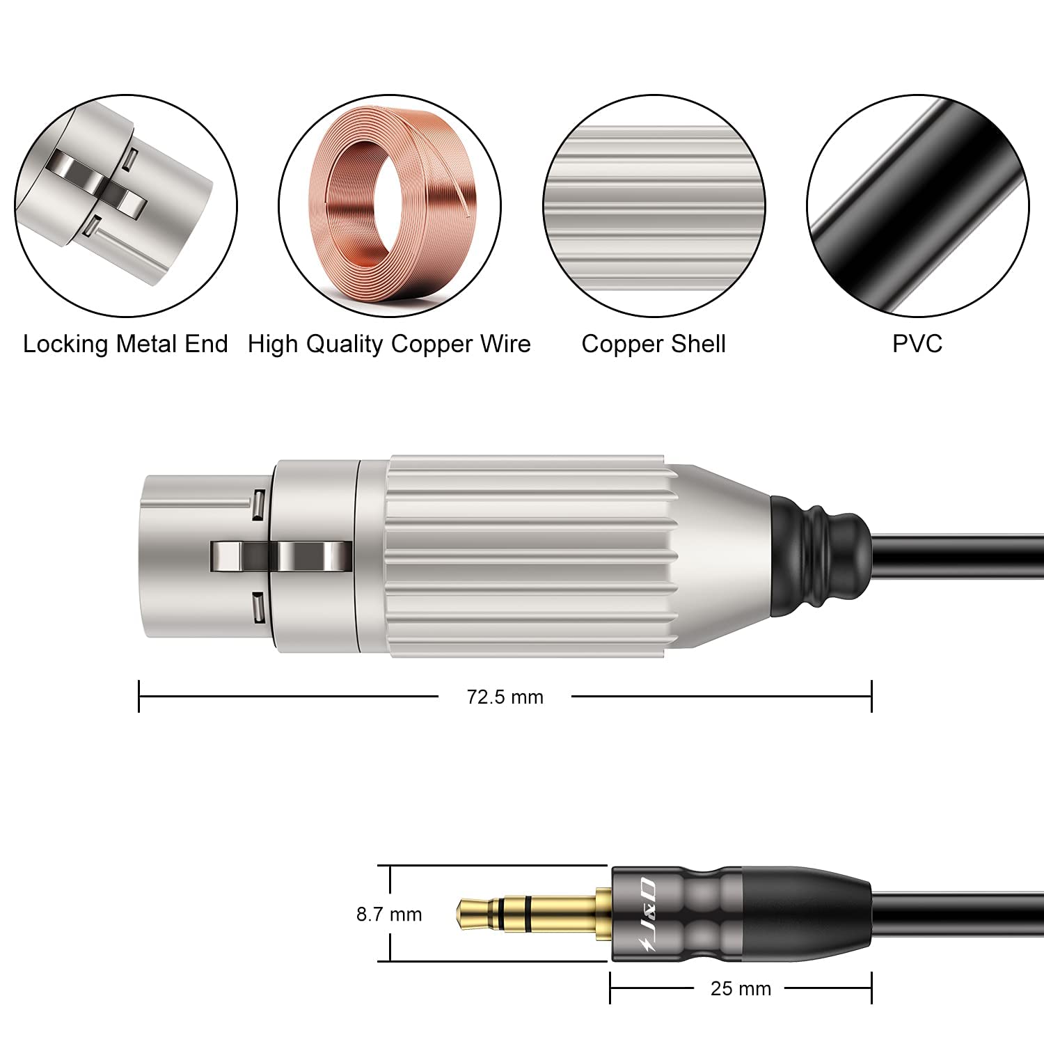 J&D 1/8 to XLR Cable and 1/4 inch TRS Cable Bundle, Gold Plated Copper Shell TRS Male 1/8 inch 3.5mm to XLR Female Balanced Audio Cable, 6.35mm 1/4 inch TRS Male to Male Stereo Instrument Cable