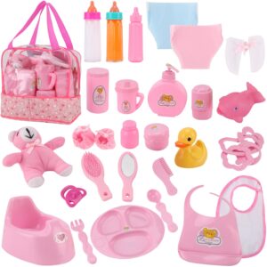 28 pcs baby doll accessories complete car set - doll feeding pretend playset for kids, girls with magic milk bottles in a storage bag