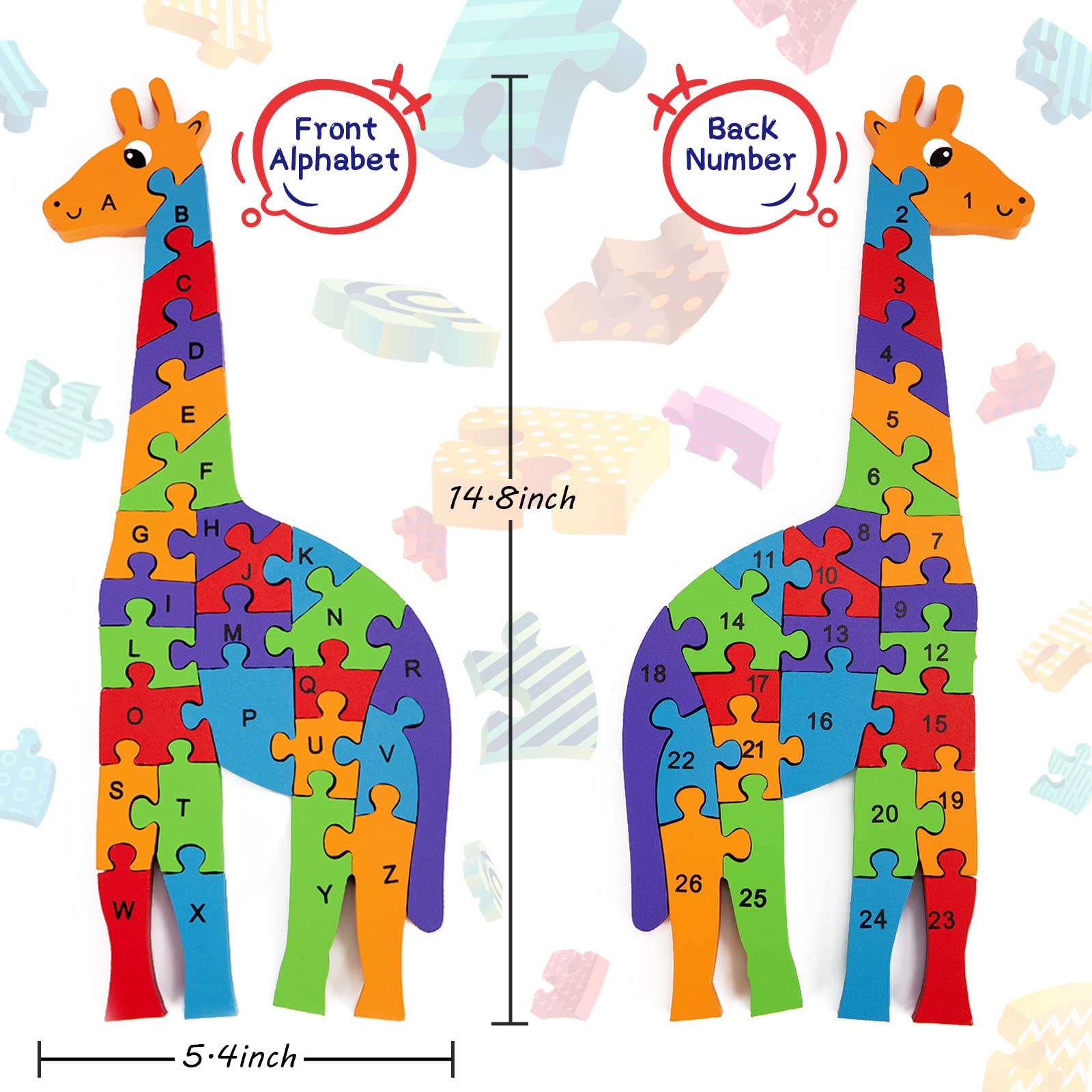 LovesTown Giraffe Wooden Puzzle, 26PCS Jigsaw Puzzle Alphabet and Number Blocks Wooden Building Blocks for Kid Preschool