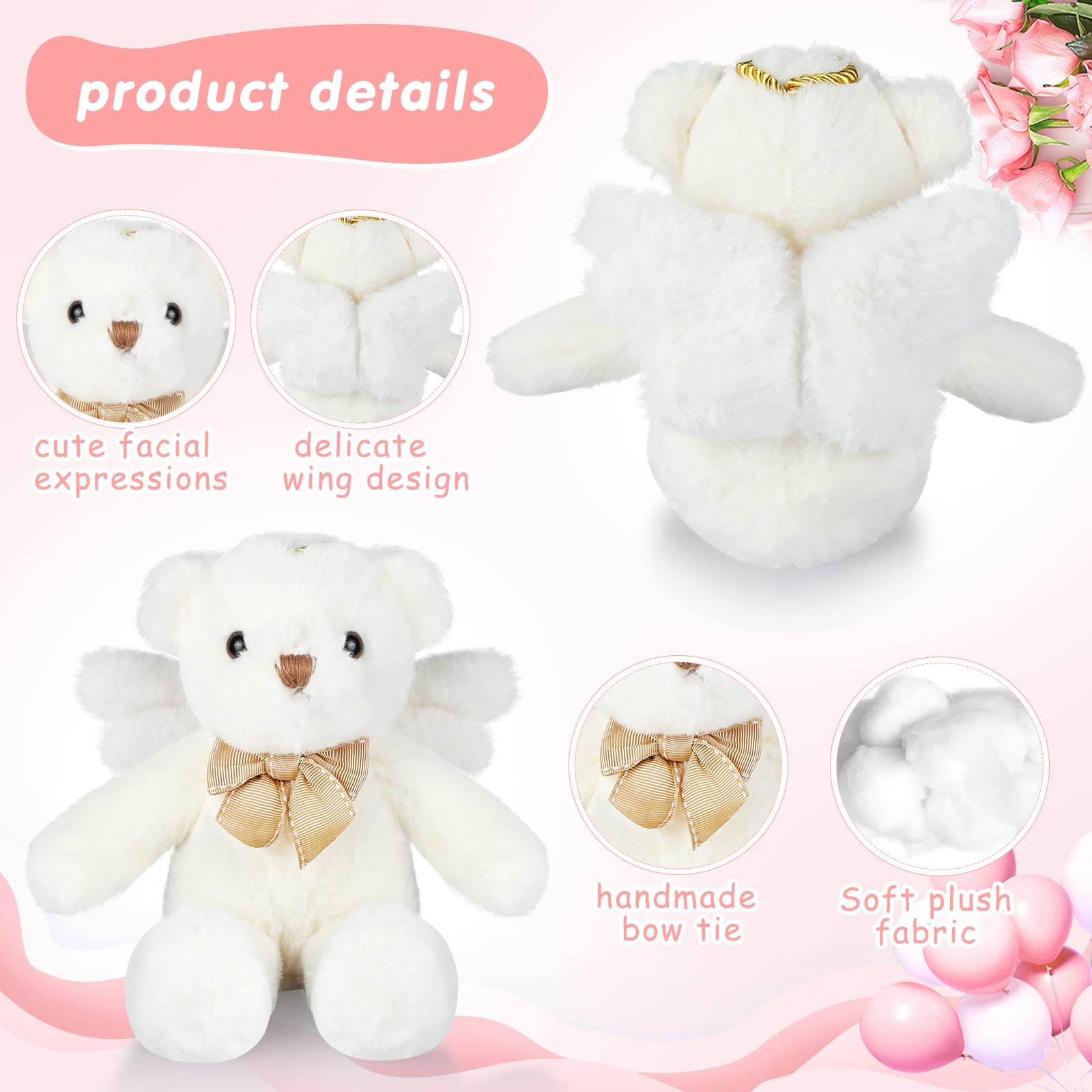 HyDren Angel Bear Plush Stuffed Animal with Wings White Bear Dolls for Boys Girls Birthday Gift (Ribbon Bow, 10 Inch)