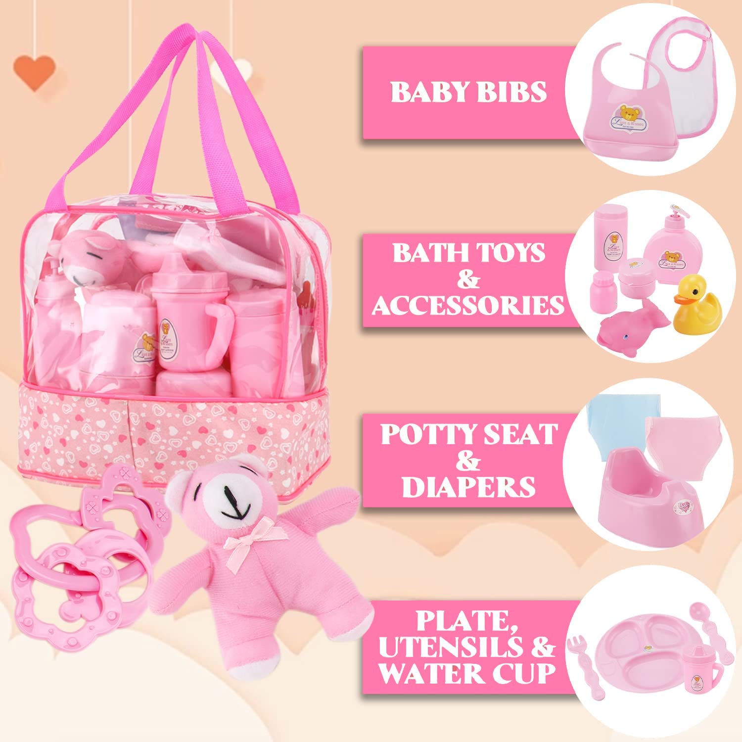 28 PCS Baby Doll Accessories Complete Car Set - Doll Feeding Pretend Playset for Kids, Girls with Magic Milk Bottles in a Storage Bag