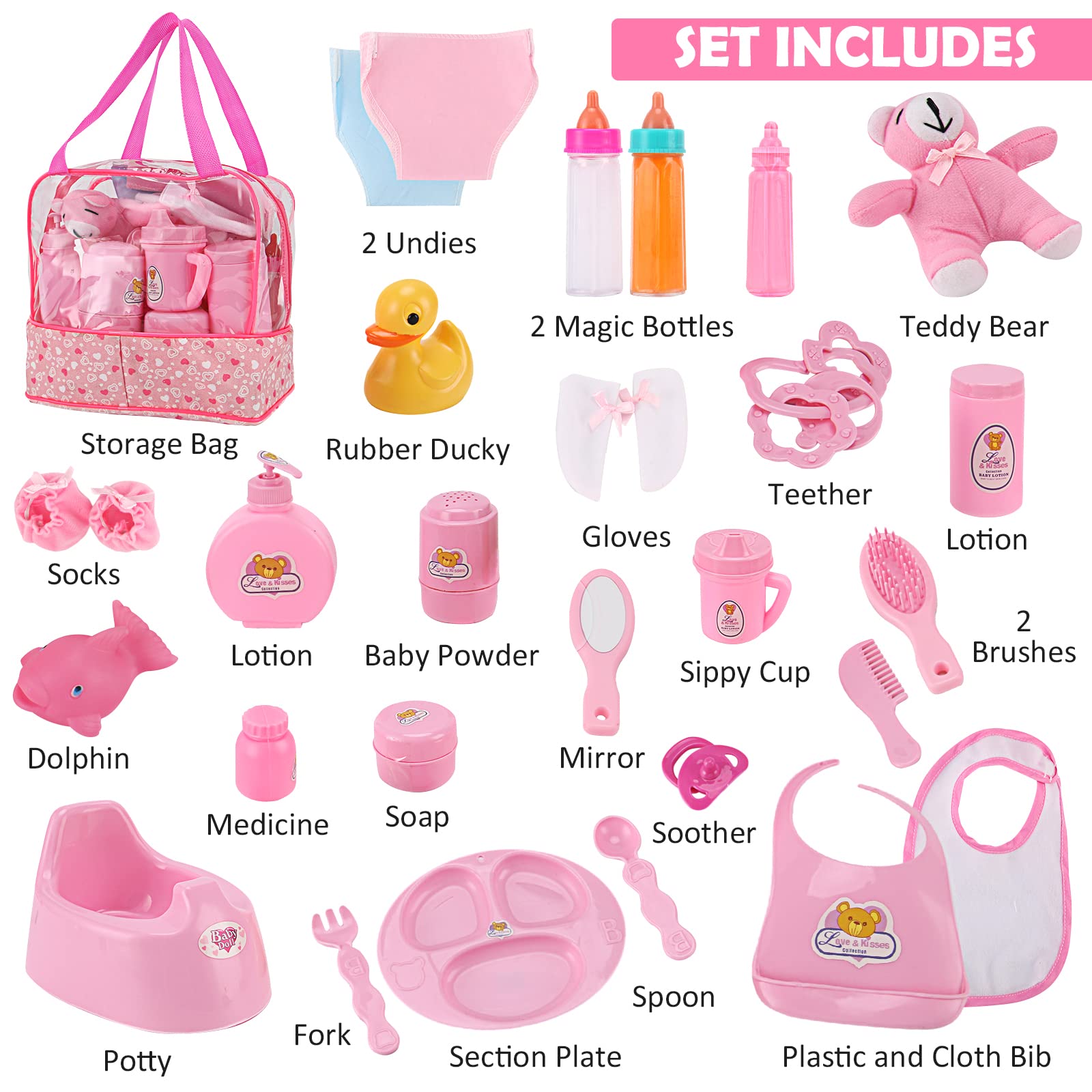 28 PCS Baby Doll Accessories Complete Car Set - Doll Feeding Pretend Playset for Kids, Girls with Magic Milk Bottles in a Storage Bag