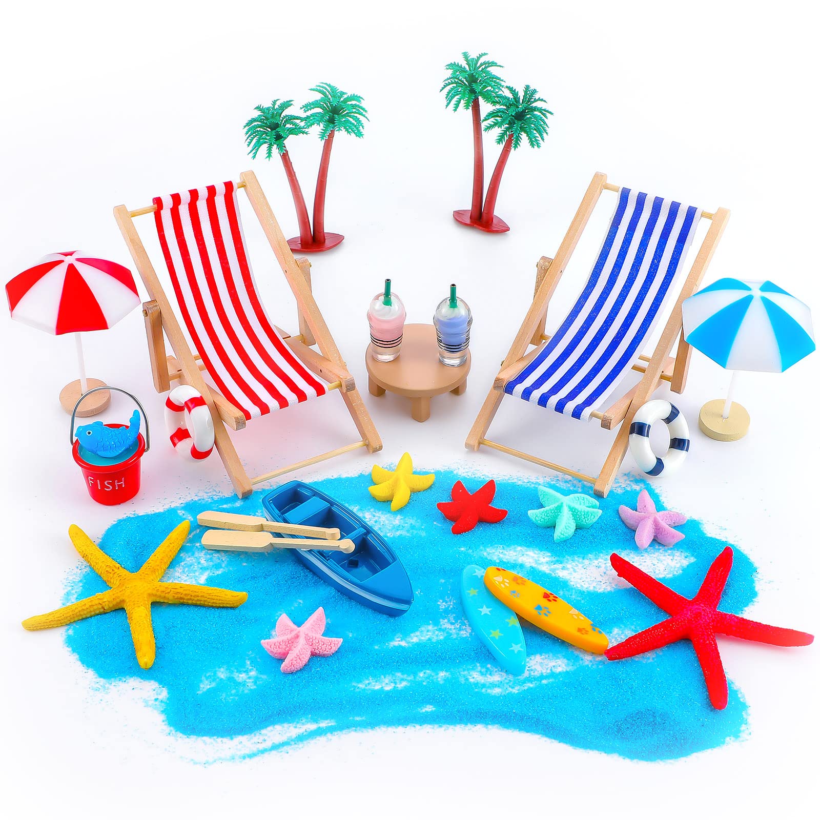 Minatee 25 Pcs Beach Miniature Dollhouse Decoration, Umbrella Palm Chair Miniature Toys Garden Decorations Dollhouse Outdoor Accessories Beach Decorations for DIY Garden Plant Pool (Red, Blue)