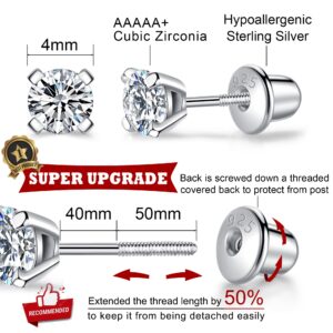 925 Sterling Silver Earrings Stud with Screwback Cubic Zirconia for Women Earring With Screw Backs CZ Hypoallergenic (CZ-White)