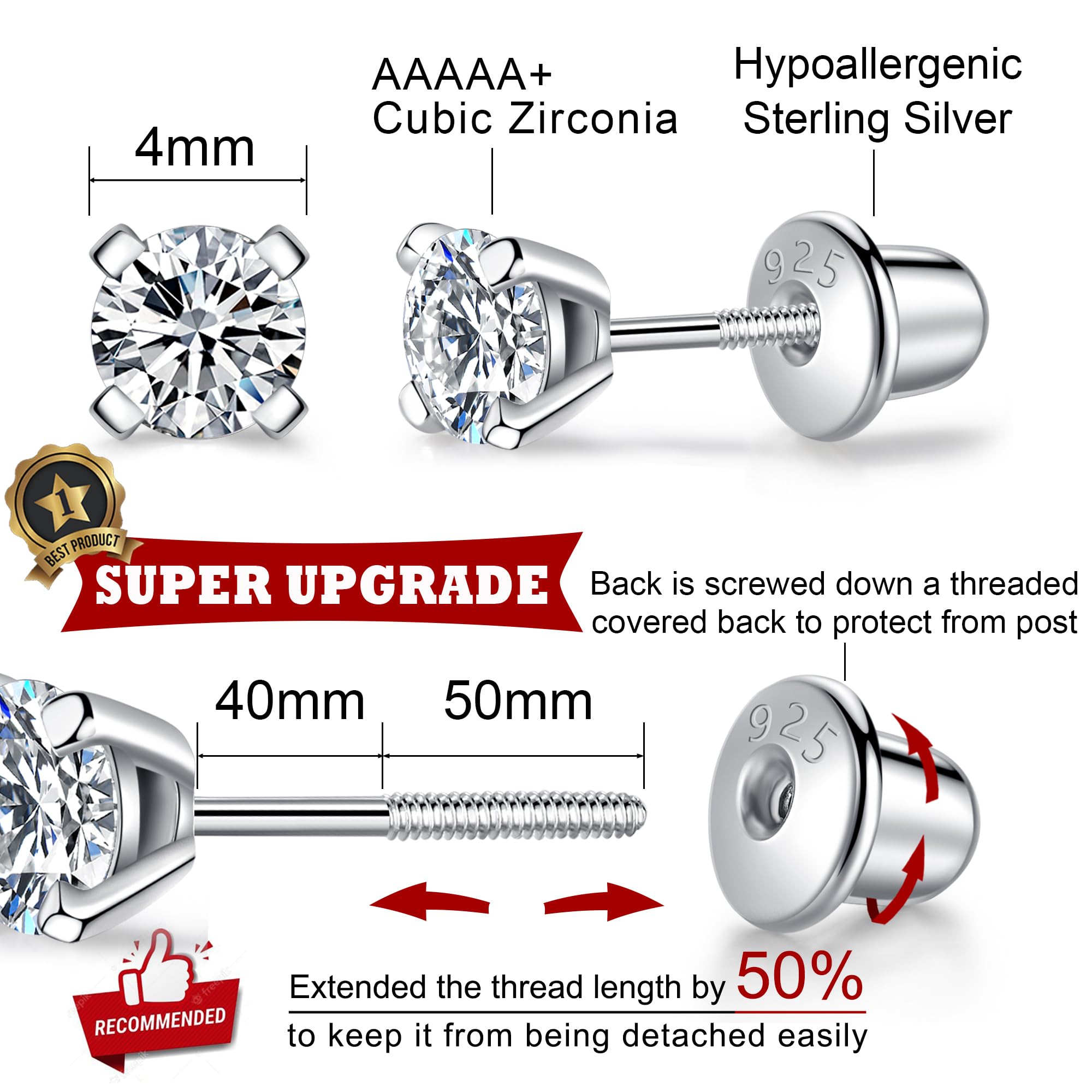 925 Sterling Silver Earrings Stud with Screwback Cubic Zirconia for Women Earring With Screw Backs CZ Hypoallergenic (CZ-White)