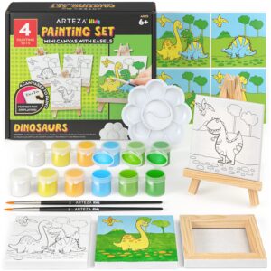 arteza kids dinosaur painting kit, 4 canvases 3 x 3 inches, 4 easels, 12 acrylic paints, 2 paint brushes, 1 palette, kids activities for ages 6 and up