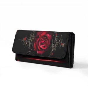 Howilath Red Rose Flower Pattern Women Trifold Wallet Large Capacity Credit Card Holder Organizer Clutch Purse Travel Money Bags